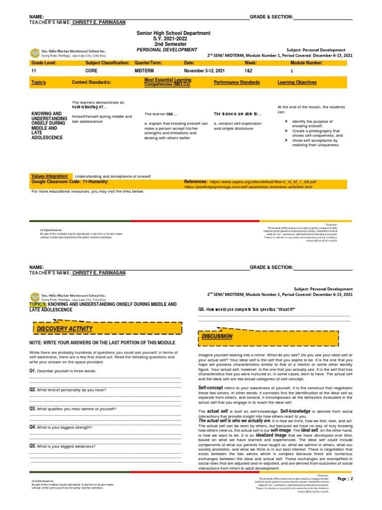 Perdev - Module 1 (Week 1&2) 2nd Sem | PDF | Self | Disciplines