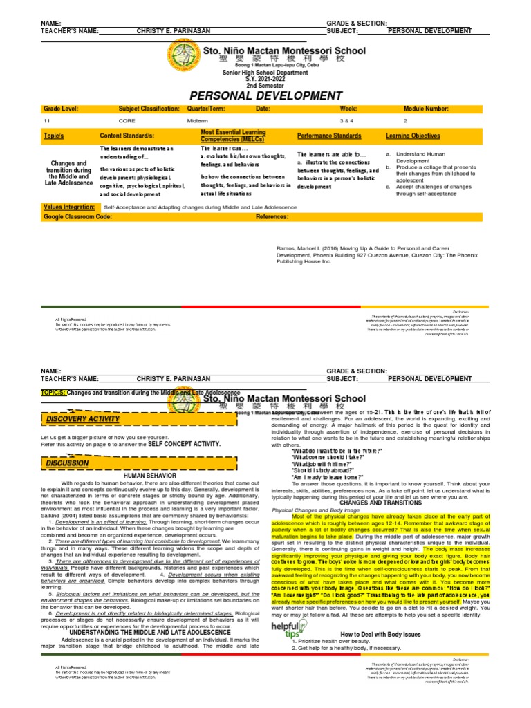 Personal Development Module 2 Overview | PDF | Identity (Social Science ...