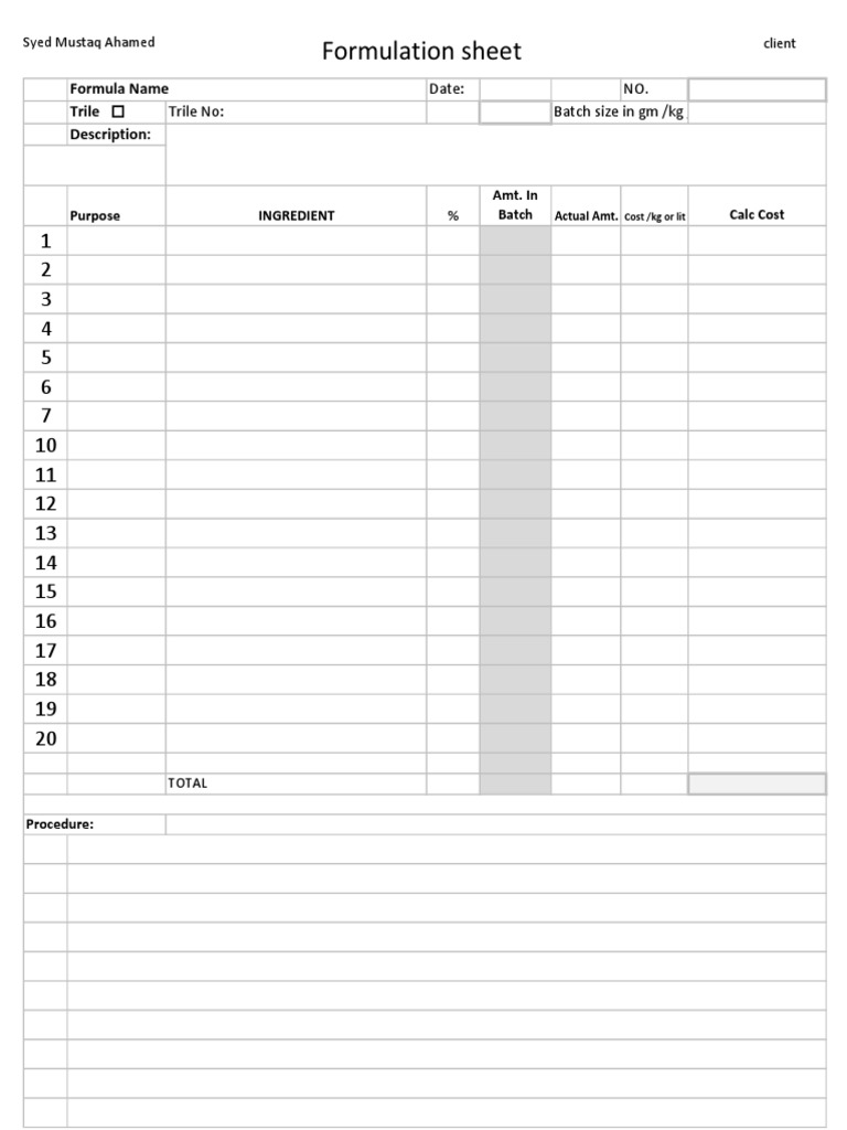 Formlaton Sheet | PDF