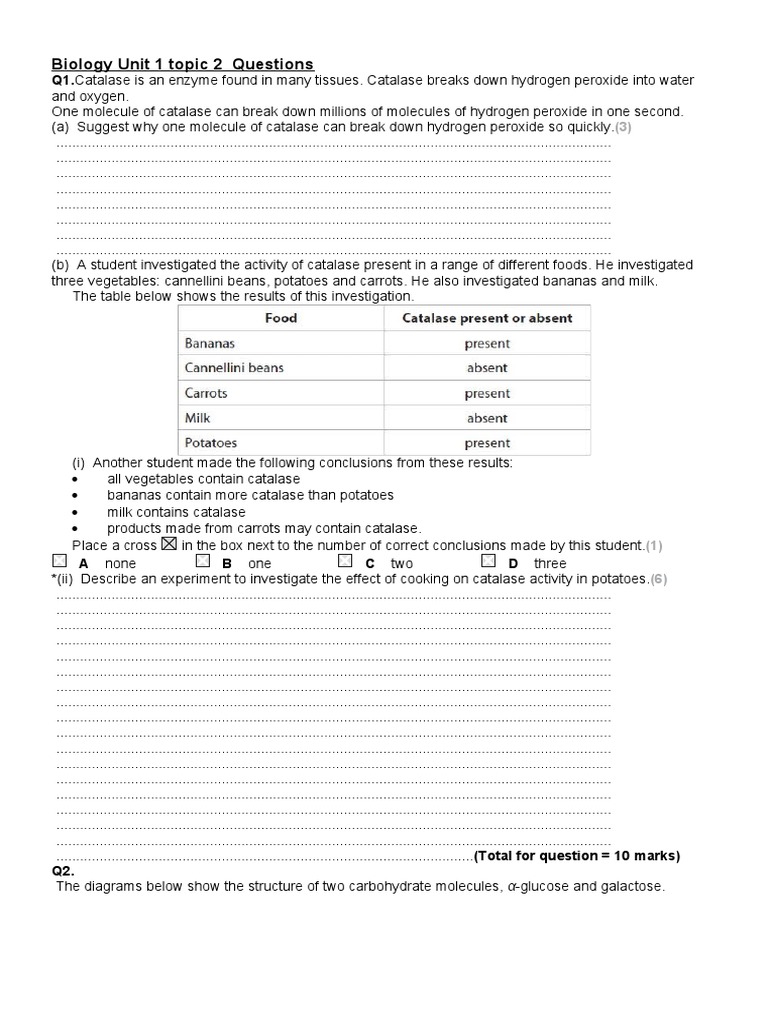 Biology Unit 1 Topic 2 Questions | PDF | Dna | Carbohydrates