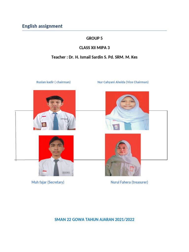 English Assignment: Group 5 Class Xii Mipa 3 Teacher: Dr. H. Ismail Sardin S. Pd. SRM. M. Kes ...