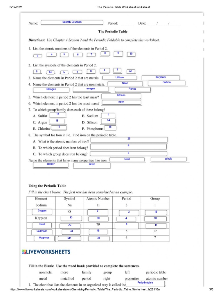 The Periodic Table Worksheet Worksheet | PDF | Periodic Table ...