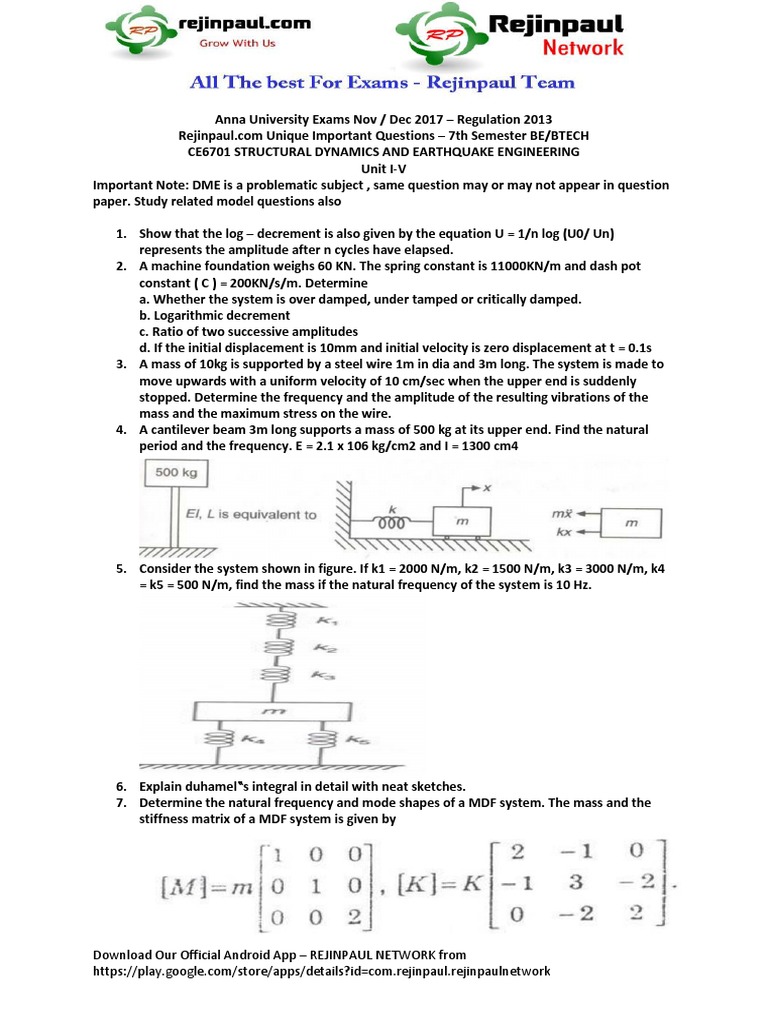 Important Questions on Structural Dynamics and Earthquake Engineering ...