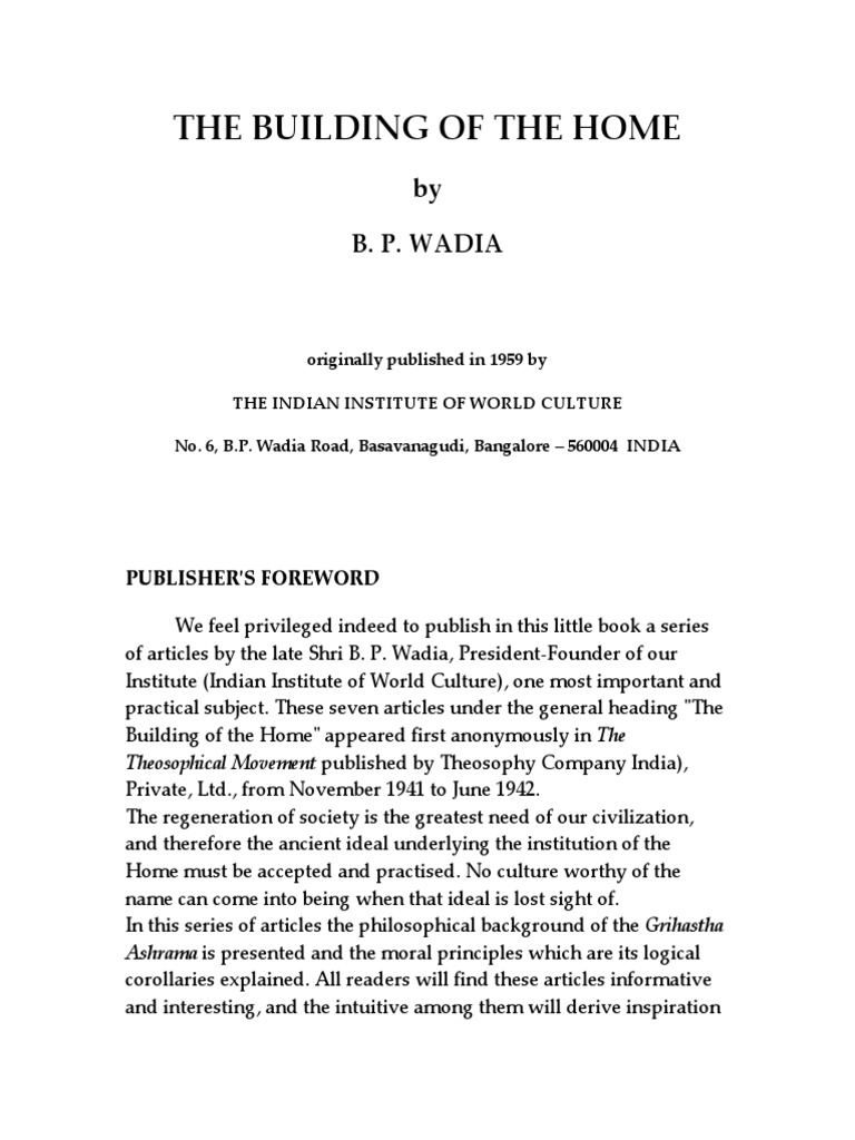 Bomanji Pestonji Wadia - (1959) The Building of The Home | PDF ...