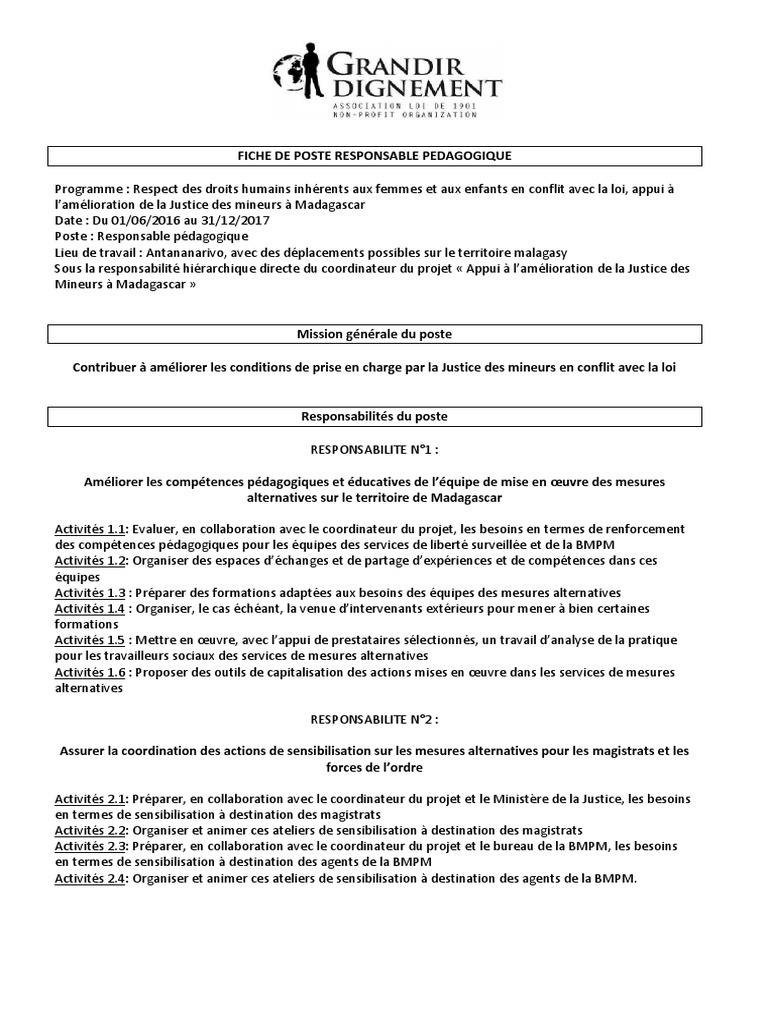 FICHE de POSTE Responsable Pédagogique | PDF | Pédagogie