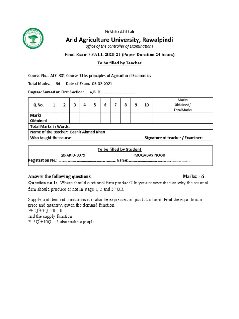 Arid Agriculture University, Rawalpindi: Final Exam / FALL 2020-21 ...