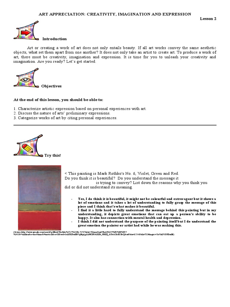 Art Appreciation: Creativity, Imagination and Expression Lesson 2 | PDF ...