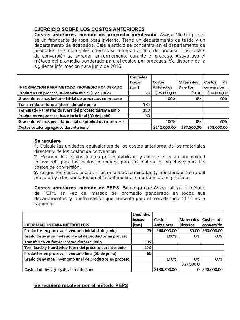 Ejercicio Costos Anteriores, Método Del Promedio Ponderado Y PEPS | PDF | Inventario