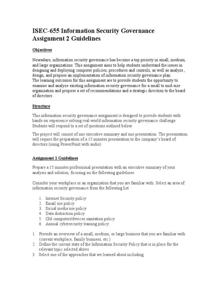 ISEC-655 Information Security Governance Assignment 2 Guidelines | PDF | Information Security | Risk