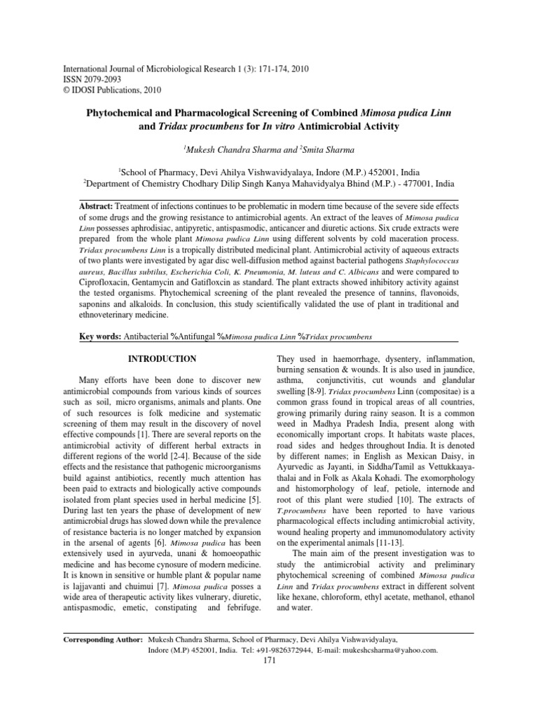 Phytochemical and Pharmacological Screening of Combined Mimosa Pudica Linn and Tridax Procumbens ...