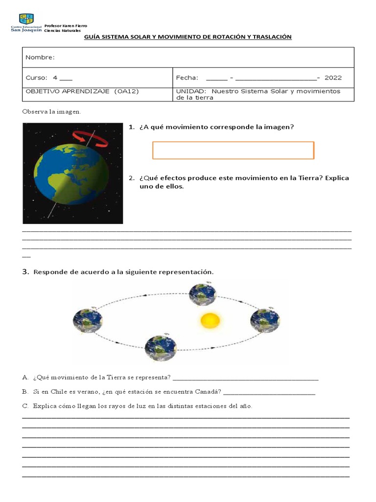 Guia Mov Rotacion y Traslacion | PDF | Sistema solar | Planetas