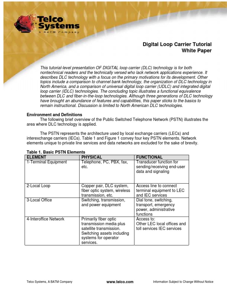 Digital Loop Carrier Tutorial White Paper: Environment and Definitions | PDF | Telephone ...