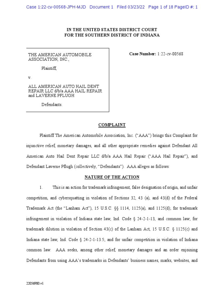 AAA Complaint | PDF | Trademark | Lanham Act
