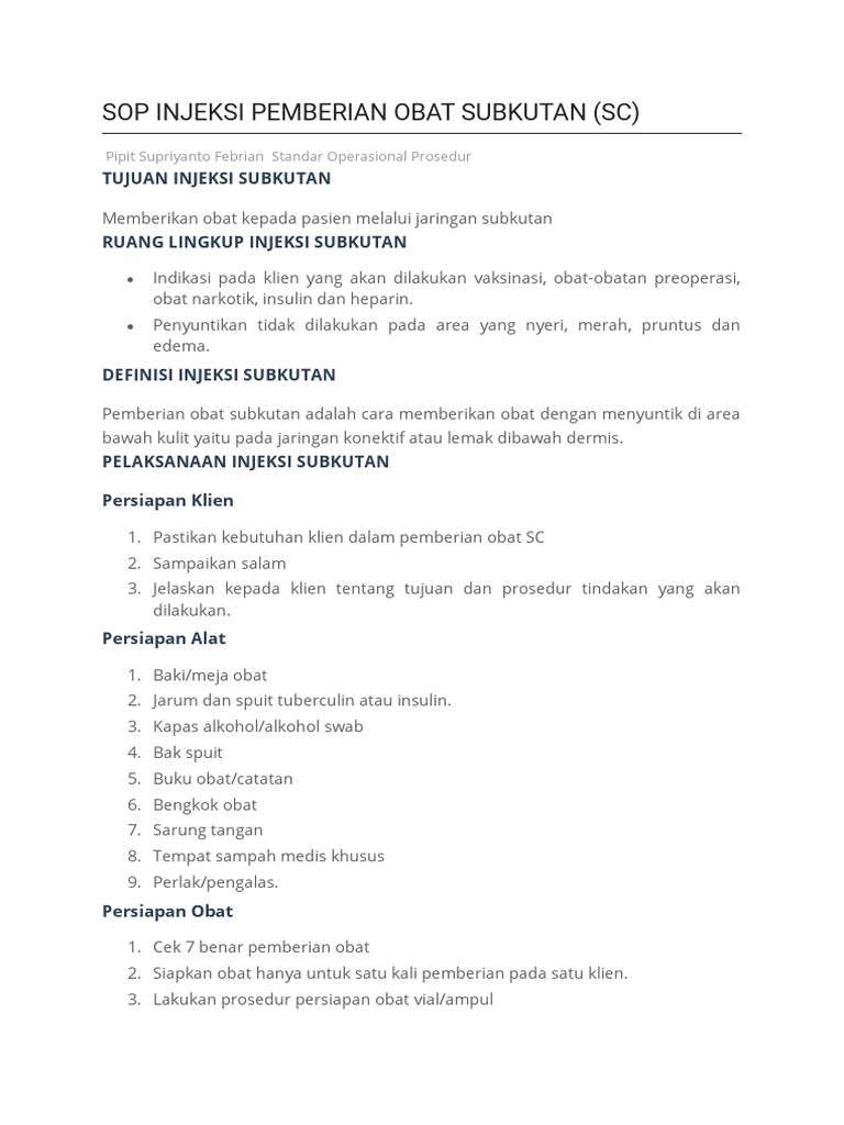 Sop Injeksi Pemberian Obat Subkutan | PDF