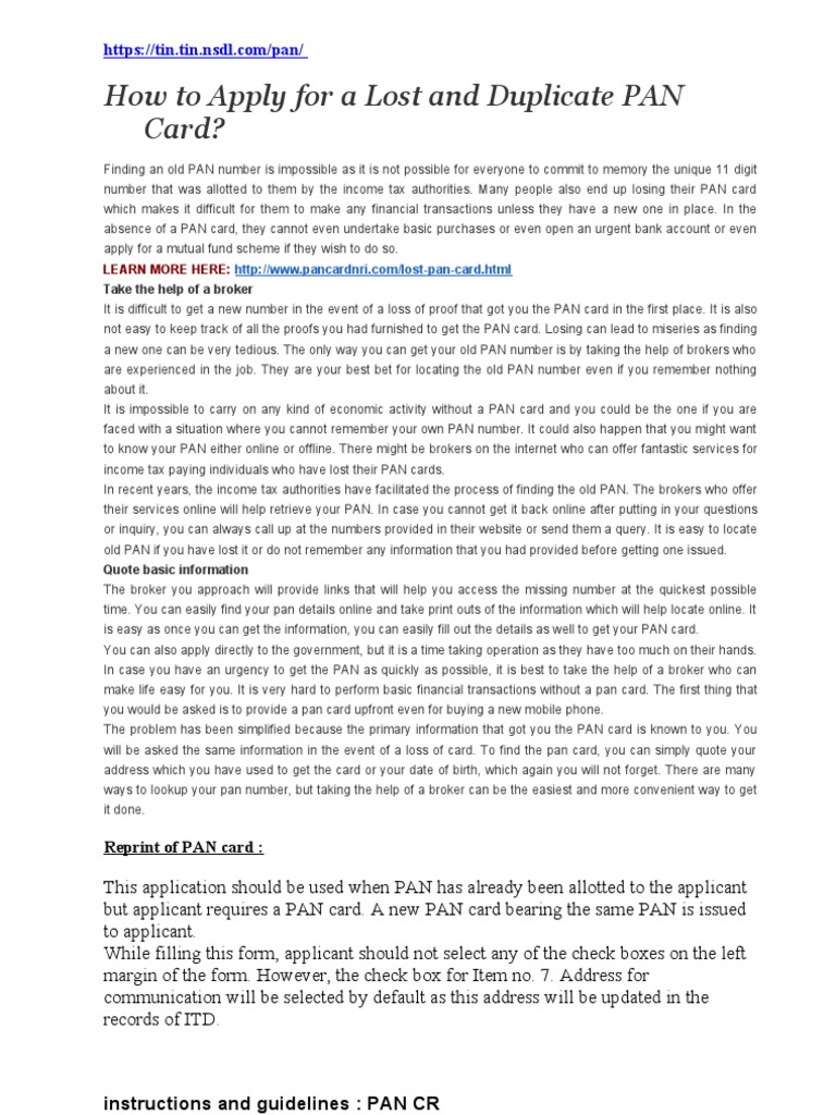 How To Apply For A Lost and Duplicate PAN Card | PDF | Identity ...