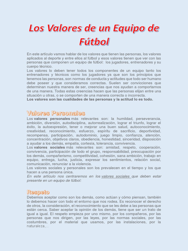 Valores en El Futbol | Descargar gratis PDF | Comportamiento | Atención