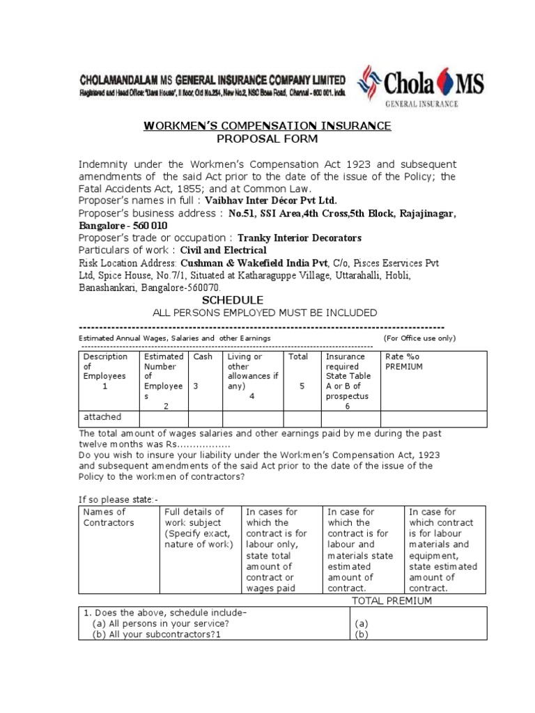 Workmen'S Compensation Insurance Proposal Form | PDF | Insurance ...