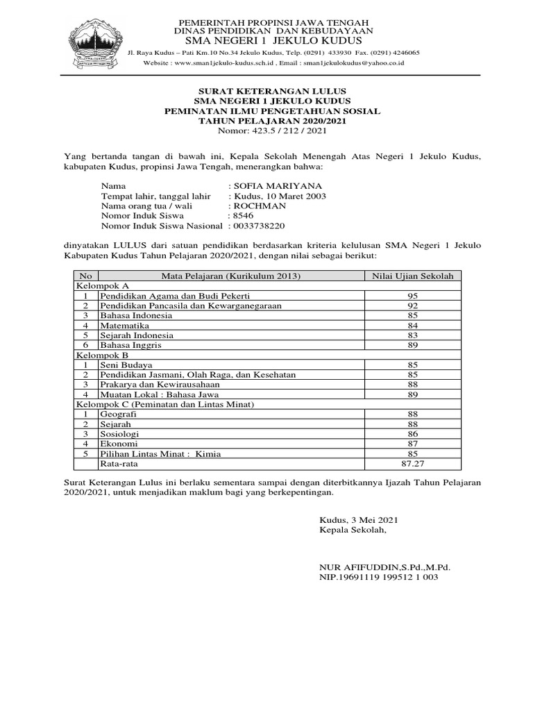 Surat Ket. Lulus SMA 1 JEKULO | PDF