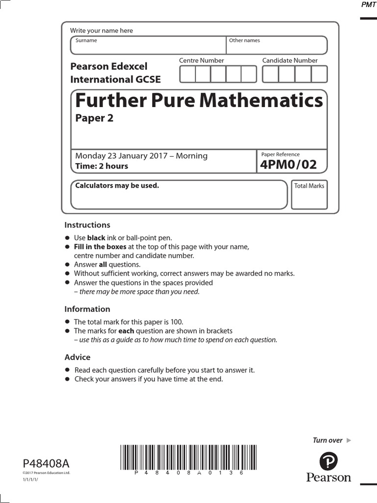 January 2017 QP - Paper 2 Edexcel Further Pure Maths IGCSE - 1648119118 ...