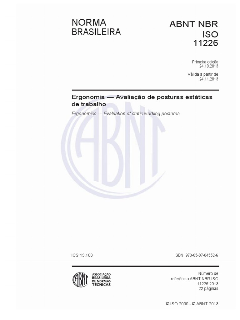 NBR Iso 11226 Ergonomia | PDF | ISO 9000 | Cotovelo