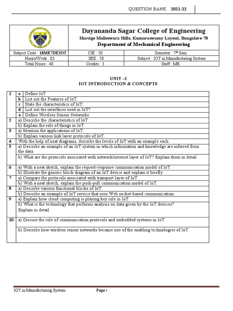 18ME7DEIOT - IOT Question Bank | PDF | Internet Of Things | Raspberry Pi