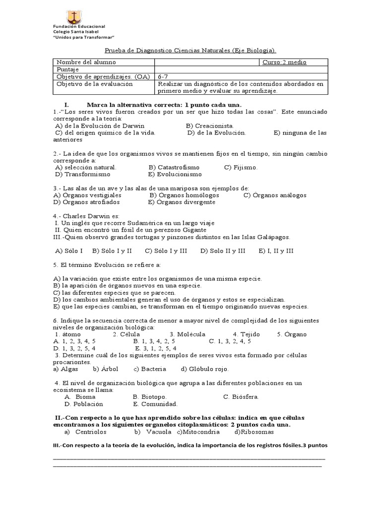 Prueba de Diagnostico Ciencias Segundo Medio. (BIO) | PDF | Evolución ...