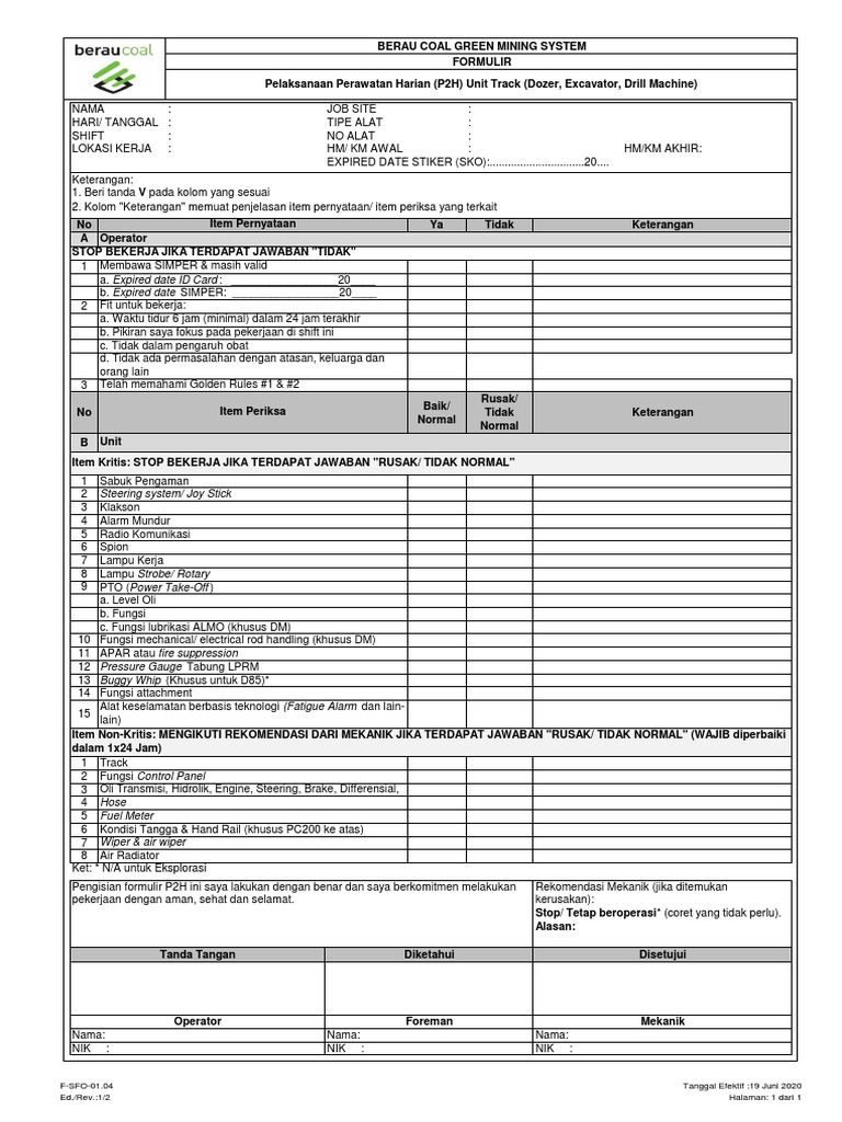 F-SFO-01.04 - F. P2H Unit Track, Dozer, Excavator, Drill Machine | PDF