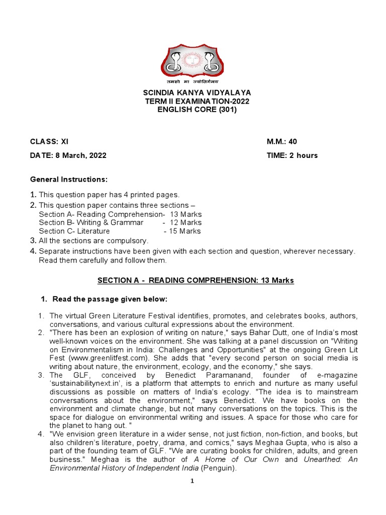 English Term II Class XI QP | PDF | Adolescence