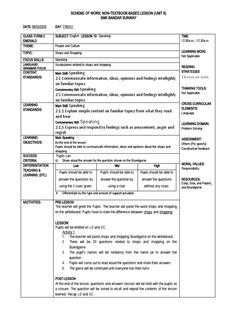 Form 2 Lesson Plan Use 8 | PDF | Learning | Teachers