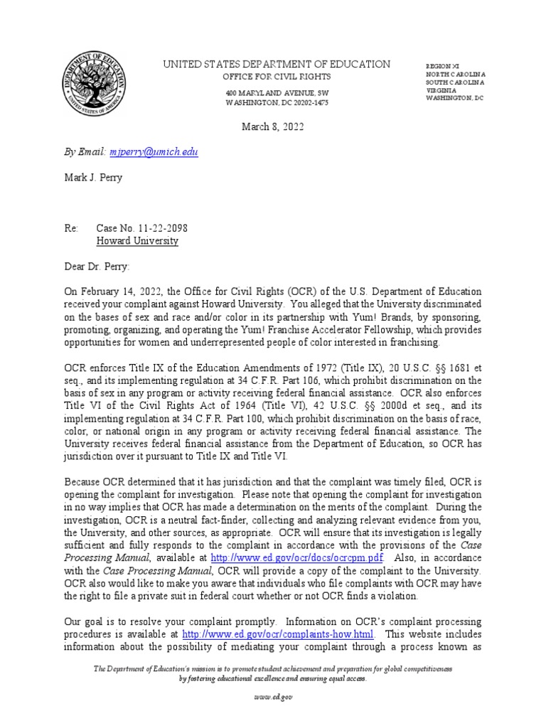 Office For Civil Rights Letter To Howard University | PDF | Complaint ...