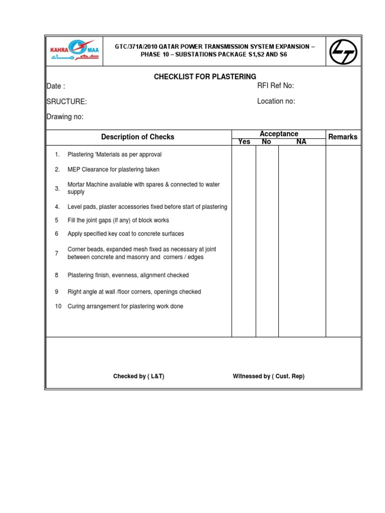 Checklist Plastering PDF Free | PDF