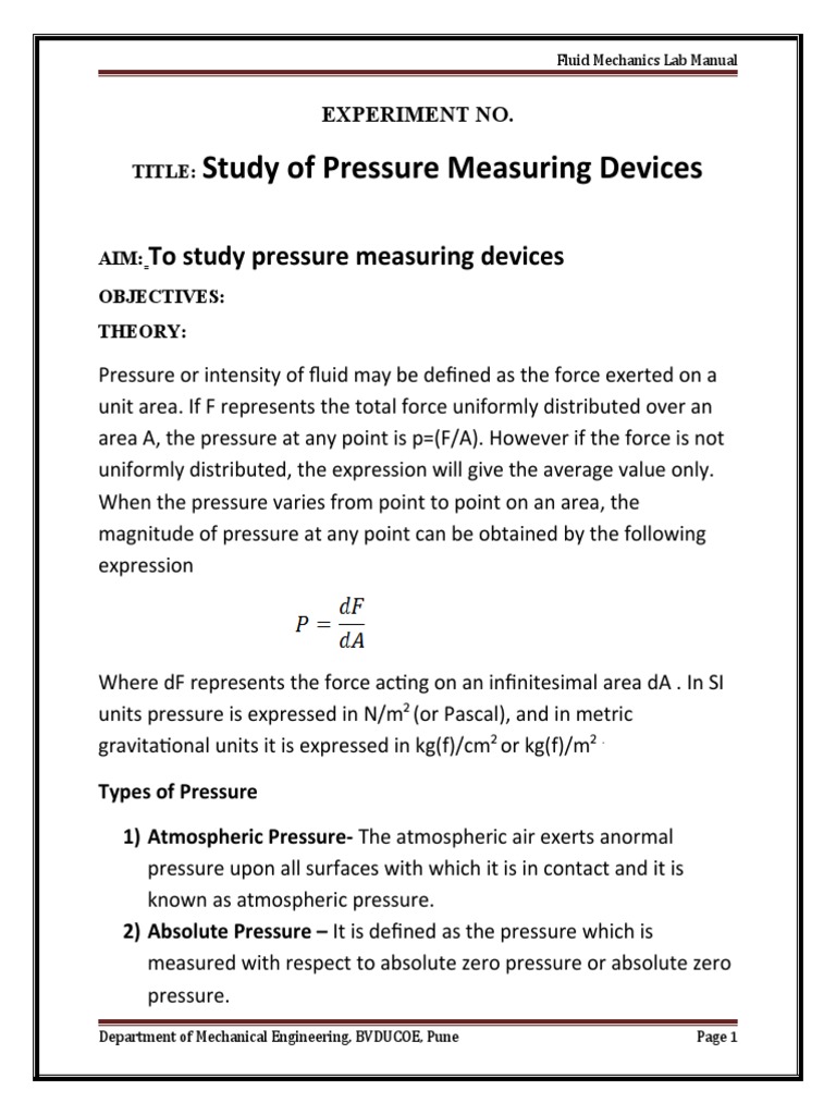 EXPT. No. 1 Pressure Measuring Devices | PDF | Pressure | Pressure Measurement