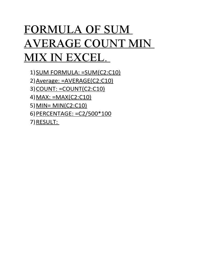 Formula of Sum Average Count Min Mix in Excel | PDF