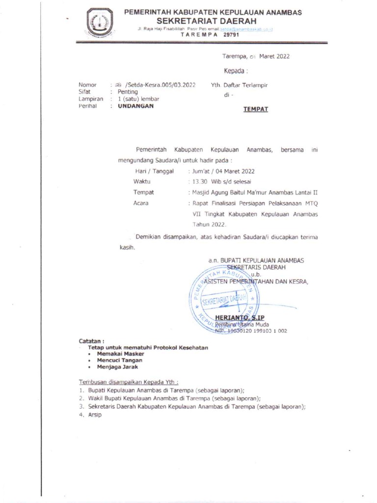 Undangan Rapat Finalisasi MTQ 20220303 - 12263448 | PDF