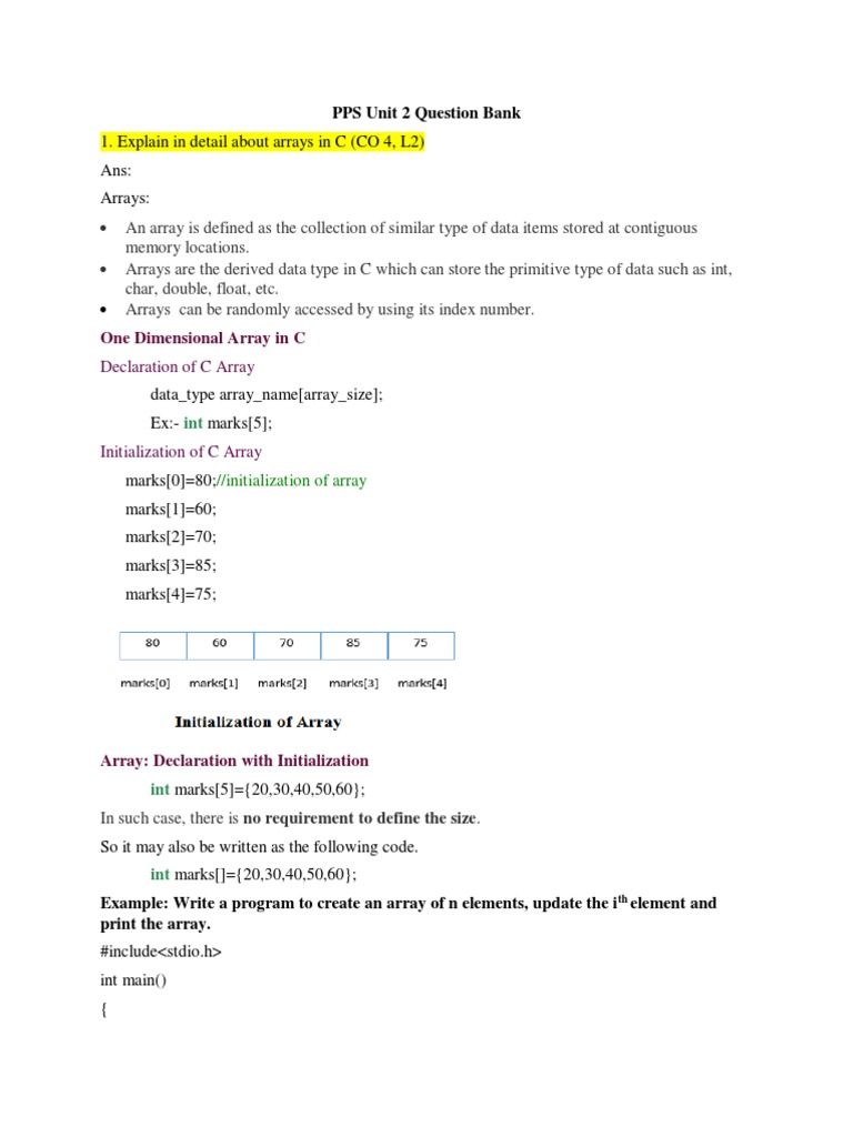PPS Unit 2 Question Bank: One Dimensional Array in C | PDF | Pointer ...