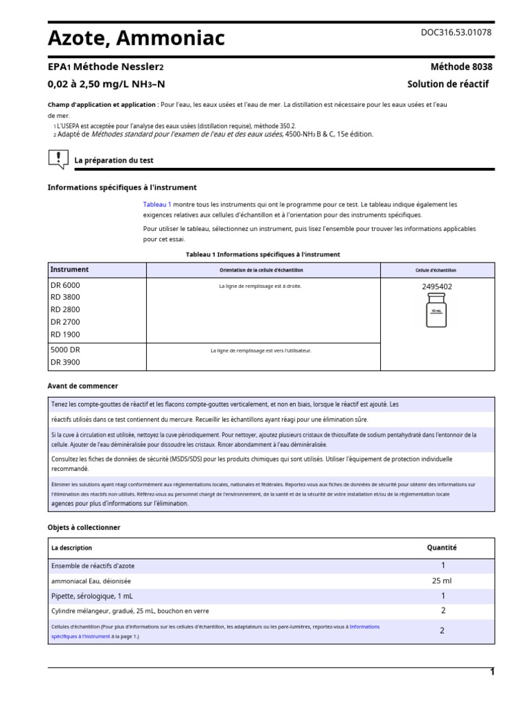 Azote, Ammoniac: EPA Méthode Nessler 0,02 À 2,50 MG/L NH - N | PDF | Ph | Ammoniac