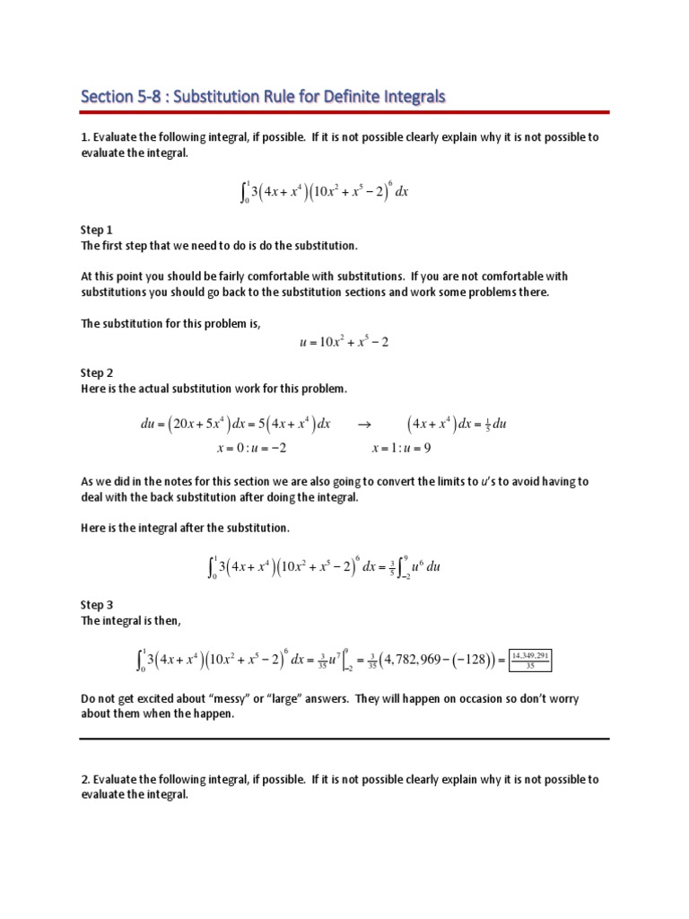 Section 5-8: Substitution Rule For Definite Integrals: X X X X DX | PDF ...