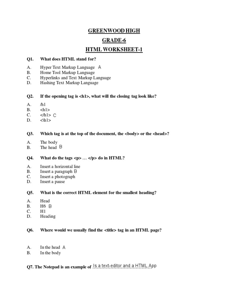 Greenwood High Grade-6 HTML Worksheet-1 | PDF | Art | Computers