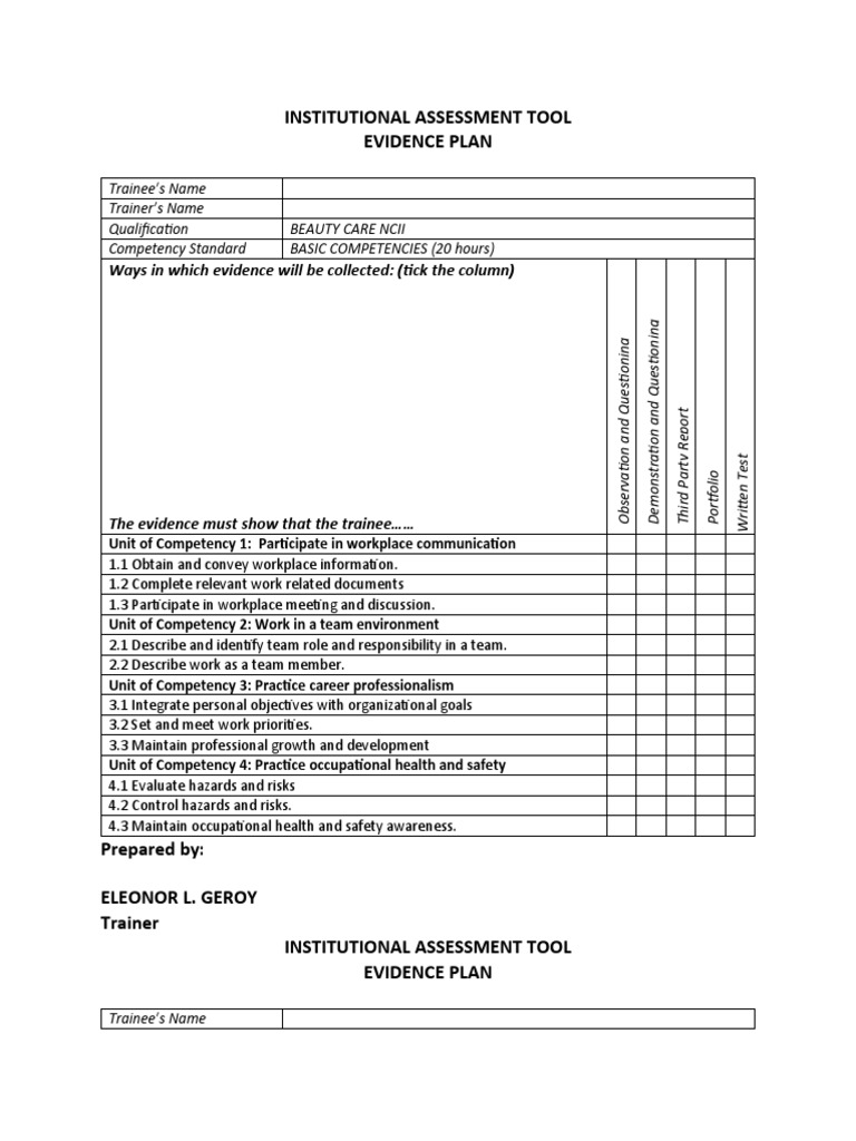Institutional Assessment Tool Evidence Plan: Ways in Which Evidence ...