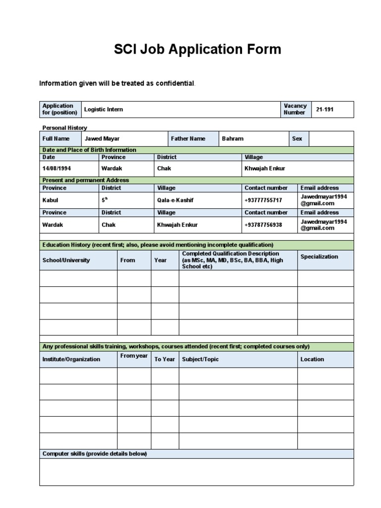 SCI Job Application Form: Information Given Will Be Treated As ...