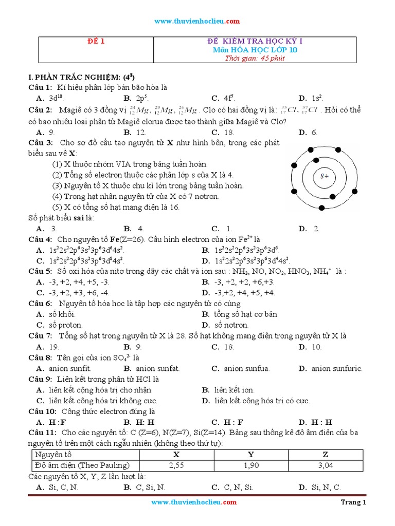Bo de Thi Hoa 10 HK1 Co Dap An | PDF