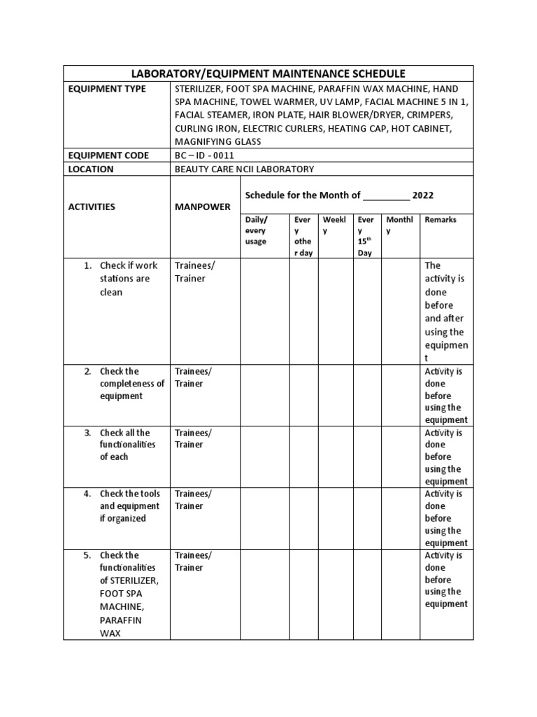 Laboratory/Equipment Maintenance Schedule | PDF | Manufactured Goods