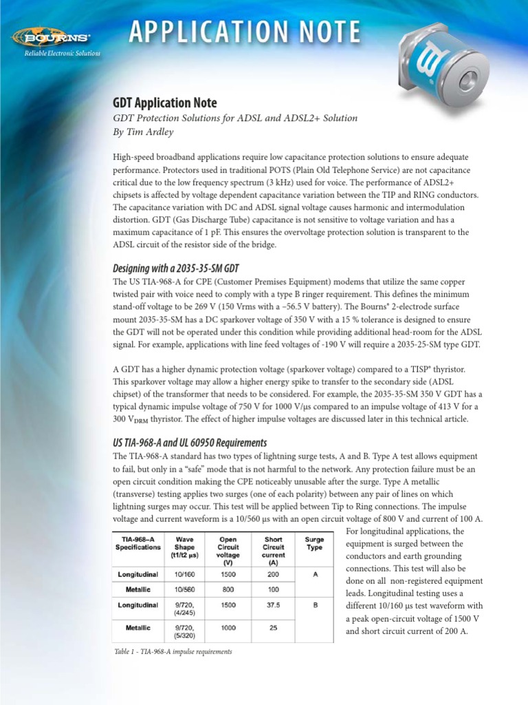 GDT Application Note: GDT Protection Solutions For ADSL and ADSL2 ...