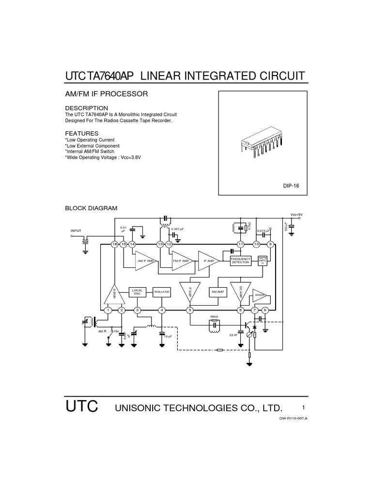Utc Ta7640Ap Linear Integrated Circuit: Am/Fm If Processor | PDF ...