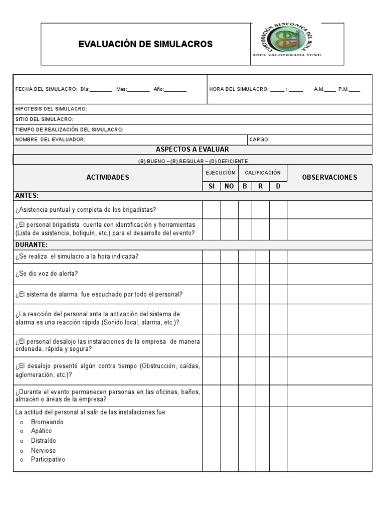 Evaluación Simulacros De Evacuación Pdf