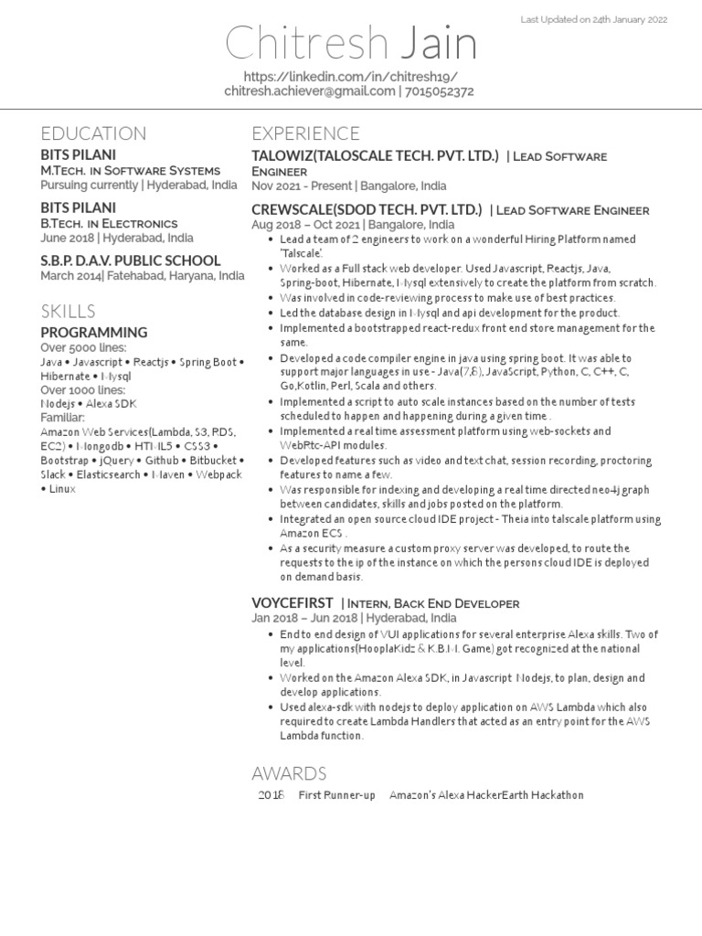 Chitresh Jain: Education Experience | Download Free PDF | Cloud Computing | Java Script