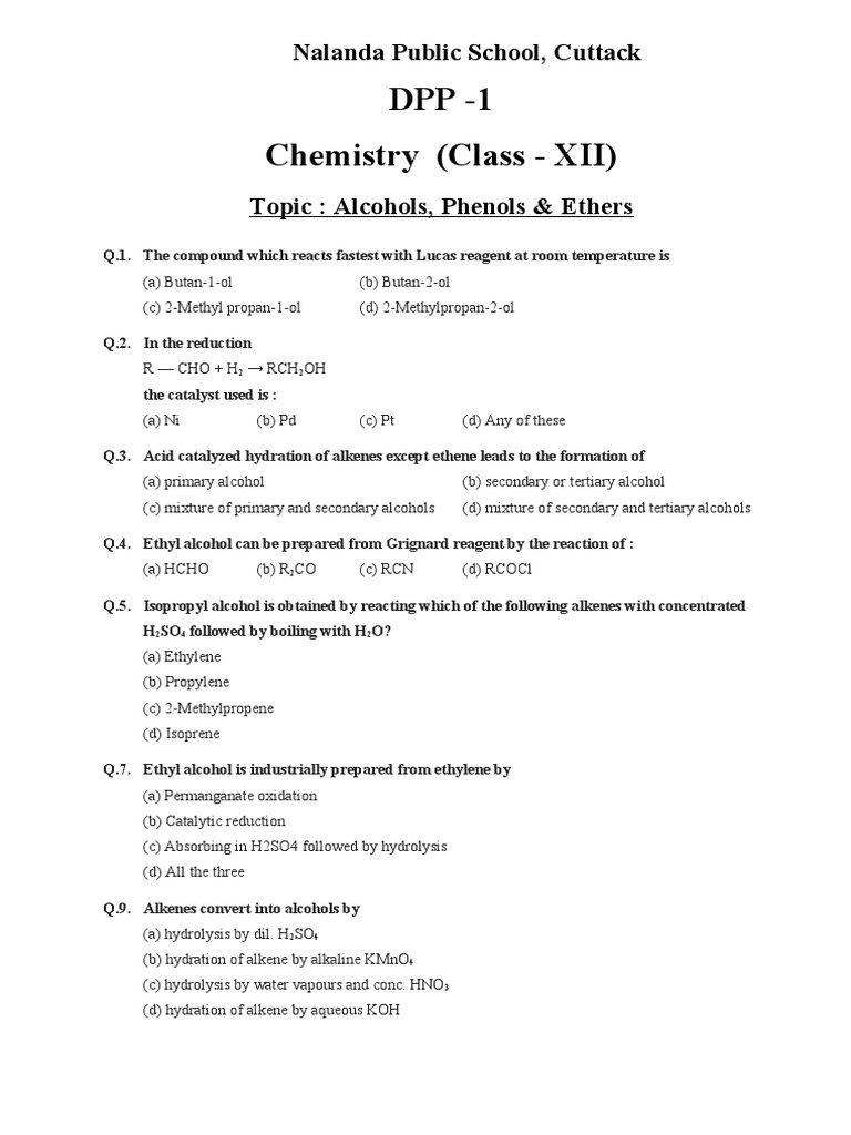 DPP - Alcohols (Biswajit Sir) (NPS) | PDF | Alcohol | Alkene