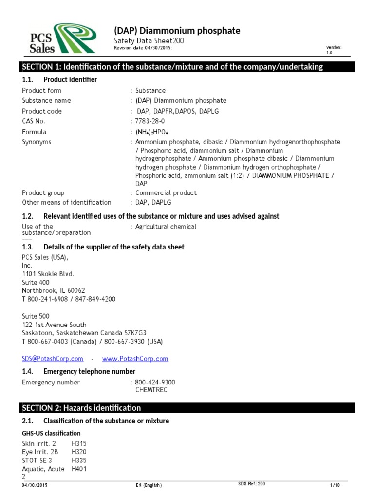 (DAP) Diammonium Phosphate: SECTION 1: Identification of The Substance ...