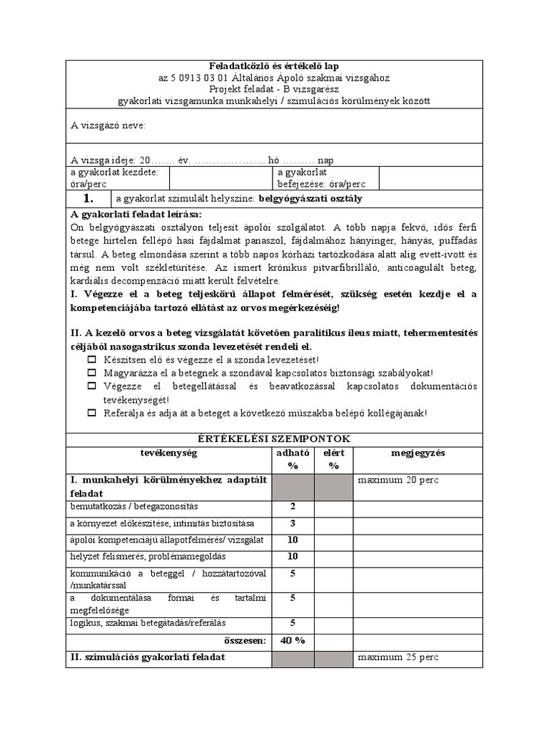 Általános Ápoló Szakmai Vizsga Gyakorlati Feladat És Értékelő 2021 | PDF