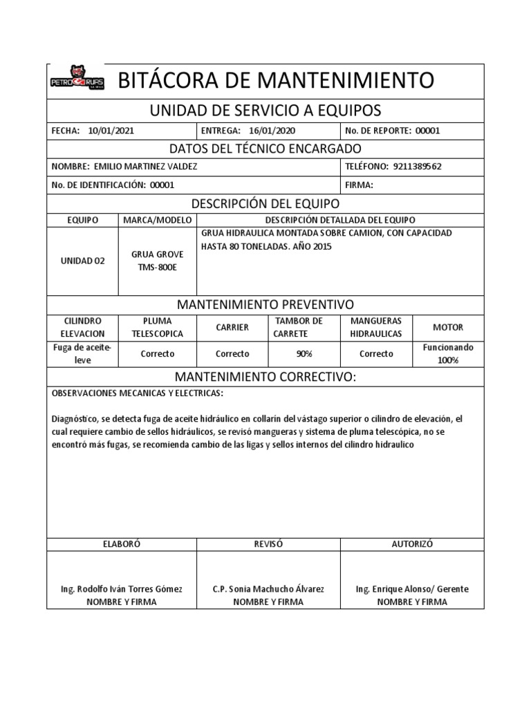 Ejemplo de Bitácora de Mantenimiento | PDF